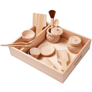 crisschirs sensory bin tools with wooden box, montessori toys for toddlers, sensory toys, set of 12 wooden scoops and wooden tongs for transfer work and fine motor learning (brush 12 sensory toys)