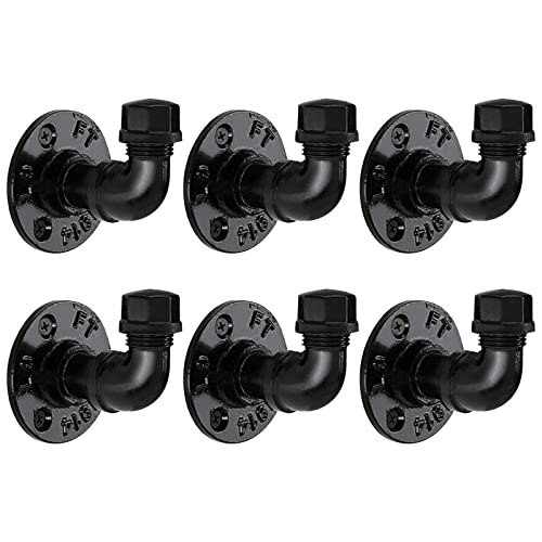 Pynsseu Industrial Pipe Hooks 6 Pack, Pynsseu Iron Robe and Towel Hook, Heavy Duty DIY Wall Mounted Rustic Coat Hanger Hat Holder, Matte Black Hook