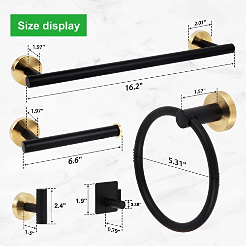 7PCS Bathroom Hardware Set 304 Stainless Steel Bathroom Hardware Set, 16IN Hand Towel Bar Towel Rack Set Wall Mounted, Black Gold Bath Hardware Set 4 Robe Towel Hooks+Toilet Paper Holder+Towel Ring