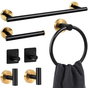 7pcs bathroom hardware set 304 stainless steel bathroom hardware set, 16in hand towel bar towel rack set wall mounted, black gold bath hardware set 4 robe towel hooks+toilet paper holder+towel ring