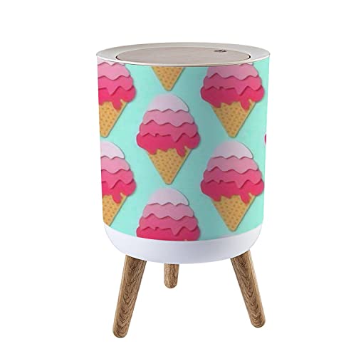 Small Trash Can with Lid Seamless of Ice cream cones 3d Paper cut style Summer dessert Wood Legs Press Cover Garbage Bin Round Waste Bin Wastebasket for Kitchen Bathroom Office 7L/1.8 Gallon