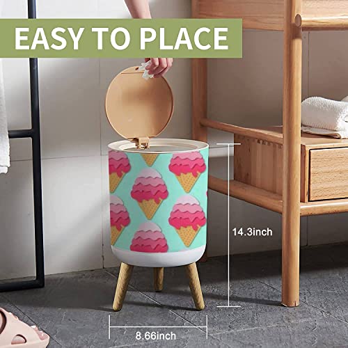 Small Trash Can with Lid Seamless of Ice cream cones 3d Paper cut style Summer dessert Wood Legs Press Cover Garbage Bin Round Waste Bin Wastebasket for Kitchen Bathroom Office 7L/1.8 Gallon