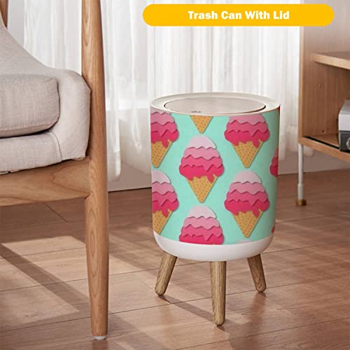 Small Trash Can with Lid Seamless of Ice cream cones 3d Paper cut style Summer dessert Wood Legs Press Cover Garbage Bin Round Waste Bin Wastebasket for Kitchen Bathroom Office 7L/1.8 Gallon