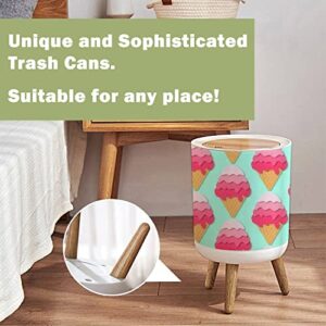 Small Trash Can with Lid Seamless of Ice cream cones 3d Paper cut style Summer dessert Wood Legs Press Cover Garbage Bin Round Waste Bin Wastebasket for Kitchen Bathroom Office 7L/1.8 Gallon