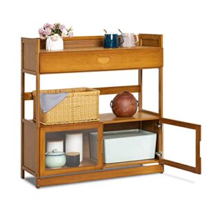 monibloom bamboo kitchen sideboard shelf organizer storage cabinet with acrylic doors and a drawer shelf organizer for pots and pans microwave oven, brown