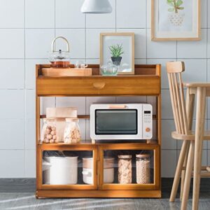 MoNiBloom Bamboo Kitchen Sideboard Shelf Organizer Storage Cabinet with Acrylic Doors and a Drawer Shelf Organizer for Pots and Pans Microwave Oven, Brown