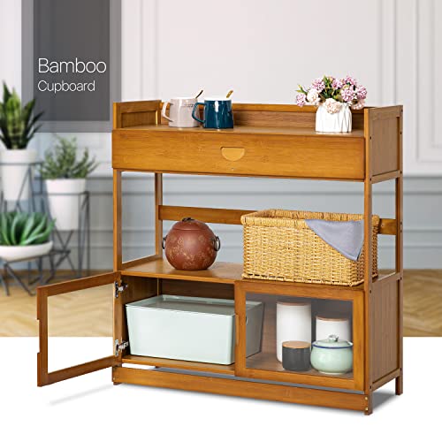 MoNiBloom Bamboo Kitchen Sideboard Shelf Organizer Storage Cabinet with Acrylic Doors and a Drawer Shelf Organizer for Pots and Pans Microwave Oven, Brown