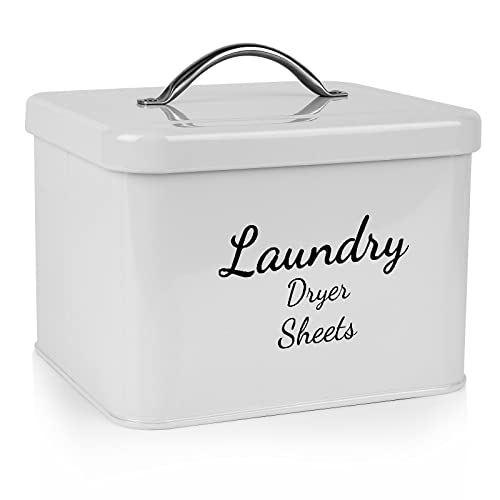 Creproly Dryer Sheet Holder Dispenser Farmhouse Metal Dryer Sheet Container with Lid for Laundry Room Decor and Space Saving Laundry Room Organization and Storage (White)