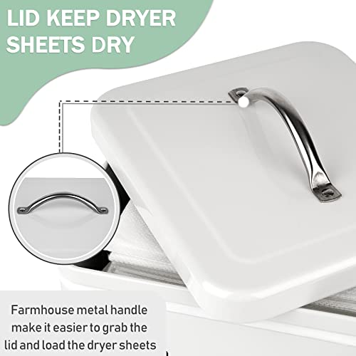 Creproly Dryer Sheet Holder Dispenser Farmhouse Metal Dryer Sheet Container with Lid for Laundry Room Decor and Space Saving Laundry Room Organization and Storage (White)