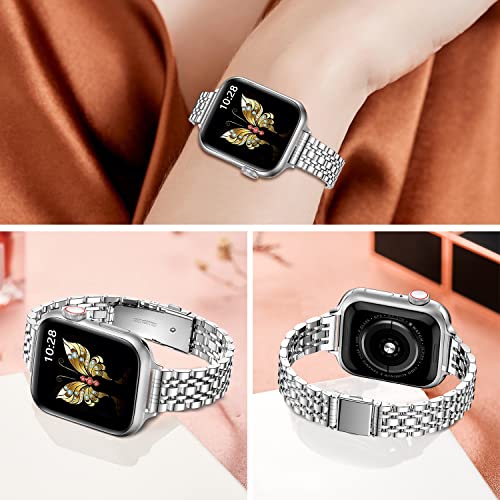 MioHHR Slim Metal Band Compatible with Apple Watch Band 41mm 40mm 38,mm,Dressy Stainless Steel Chain Strap for Women iWatch Bands Series 9 8 7 6 5 4 3 2 1 SE,Silver