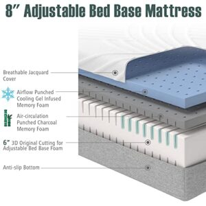 Giantex Twin XL Adjustable Bed Frame w/ 8” Cool Gel Infused Memory Foam Mattress, Electric Adjustable Bed Combo w/Head & Foot Adjustment, Remote Control, LED Light & Dual USB Ports, Convoluted Foam