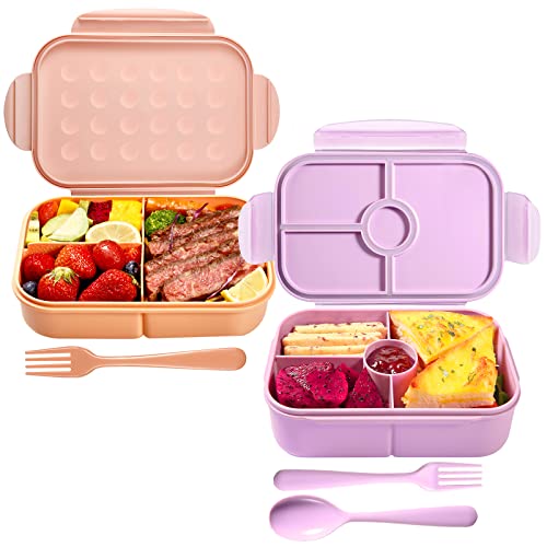 Jeopace Bento Box, Bento Box Adult Lunch Box,Kids Bento Box with 3&4Compartments,Lunch Containers Microwave Safe(Flatware Included,LightPurple+Orange)