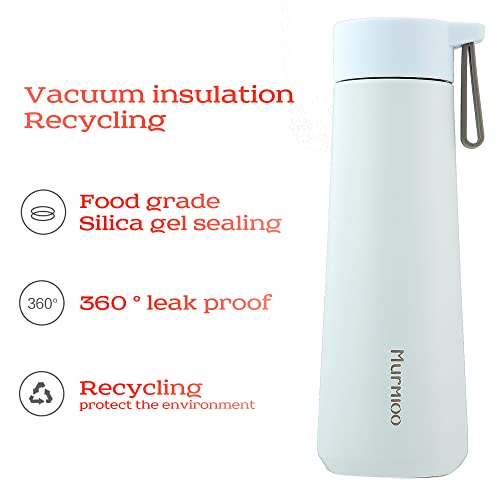 Murmioo Stainless Steel Insulated Thermos, Sports Water Bottle, Double Wall Vacuum Thermos Flask，Keep Hot and Cold，BPA Free, Suitable for Cycling, Camping and Office 14oz/420ml (White)