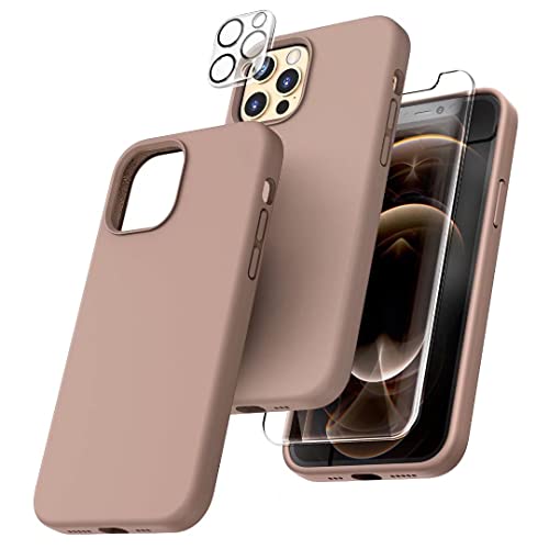 TOCOL 5 in 1 for iPhone 12 Pro Max Case, with 2 Pack Screen Protector + 2 Pack Camera Lens Protector, Liquid Silicone Slim Shockproof Phone Cover [Anti-Scratch] [Drop Protection], Brown