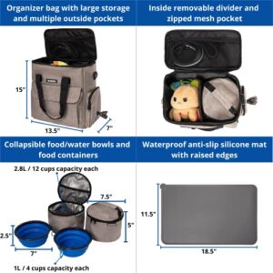 Dog Travel Bag | Dog Food Storage Containers, Silicone Mat, Large Collapsible Bowls | Airline Approved Dog Accessories Organizer | Dog Poop Bag Dispenser | Dog Stuff & Pet Supplies Travel Essentials