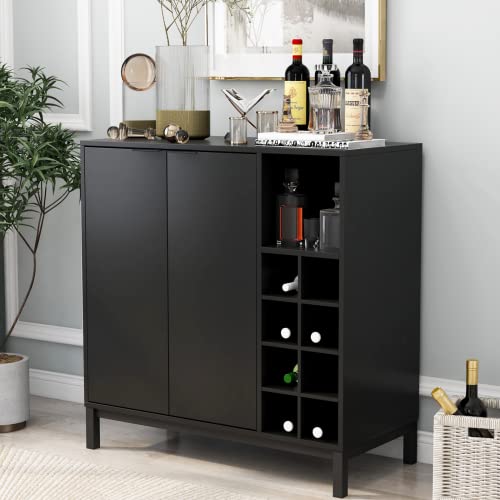 Recaceik Sideboard Buffet Cabinet, Modern Coffee Bar Cabinet Kitchen Storage Cabinet with Removable Wine Rack & Adjustable Shelf, 2 Doors Bar Buffet Sideboard for Living Room