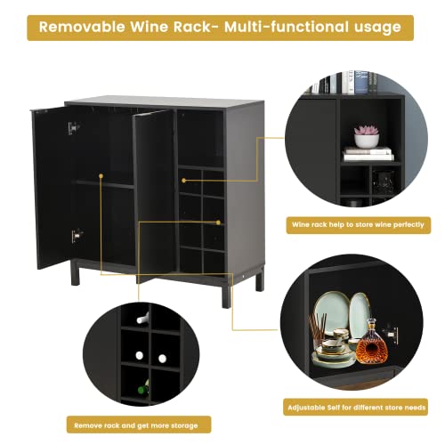 Recaceik Sideboard Buffet Cabinet, Modern Coffee Bar Cabinet Kitchen Storage Cabinet with Removable Wine Rack & Adjustable Shelf, 2 Doors Bar Buffet Sideboard for Living Room