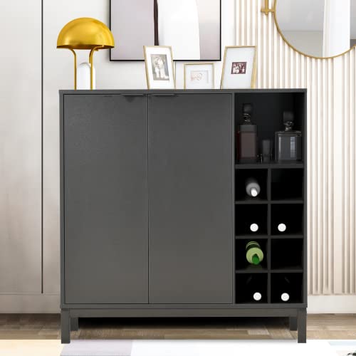 Recaceik Sideboard Buffet Cabinet, Modern Coffee Bar Cabinet Kitchen Storage Cabinet with Removable Wine Rack & Adjustable Shelf, 2 Doors Bar Buffet Sideboard for Living Room