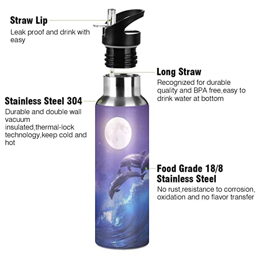 Oarencol Dolphins Water Bottle Moon Night Sea Animal Stainless Steel Vacuum Insulated with Straw Lid 20 Oz