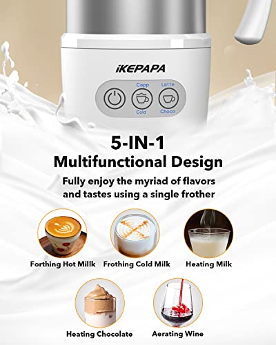 iKEPAPA Milk Frother – Electric Milk Frother and Steamer for Home – 13.5oz/380ml Large Capacity – 5-in-1 Functions with Heating and Frothing – Ideal for Latte, Cappuccino, Chocolate, Hot Milk, 500W