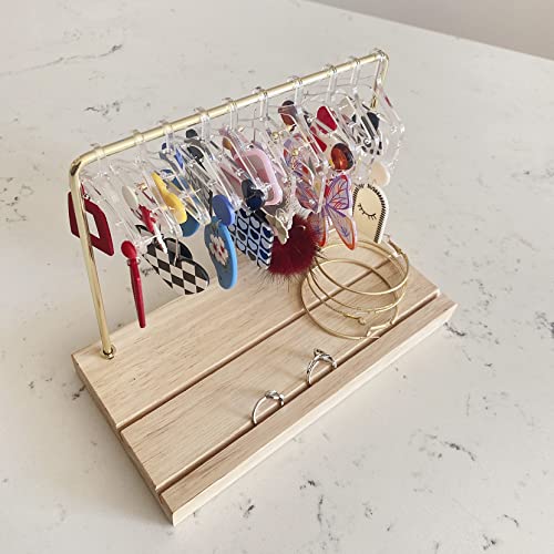 lemonadeus Unique Earring Hanger Rack Tabletop Jewelry Display Stand, Brass Metal Hanging Jewelry Towers clothing Rack Earring Holder with Rings Holder Wood Base