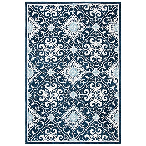 SAFAVIEH Roslyn Collection Accent Rug - 2' x 3', Navy & Light Blue, Handmade Floral Wool, Ideal for High Traffic Areas in Entryway, Living Room, Bedroom (ROS603N)