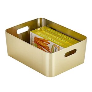 mdesign steel metal storage container bin basket, handle - kitchen pantry, cabinet, fridge, drawers, freezer organization - food/snack holder crates, 12" wide - mirri collection - soft brass