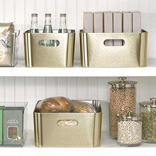 mDesign Steel Metal Storage Container Bin Basket, Handle - Kitchen Pantry, Cabinet, Fridge, Drawers, Freezer Organization - Food/Snack Holder Crates, 12" Wide - Mirri Collection - Soft Brass