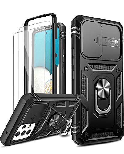 LeYi for Samsung Galaxy A53 5G Case with Slide Camera Cover + (2 Packs) Tempered Glass Screen Protector, 360 Full Body Military-Grade Phone Case with Kickstand, Black