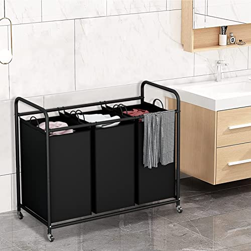 SUOERNUO Laundry Sorter Basket 3 Bag Laundry Hamper Cart with Rolling Lockable Wheels and Removable Bags Organizer Cart for Clothes Storage, Black