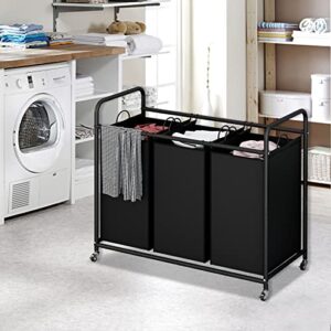 SUOERNUO Laundry Sorter Basket 3 Bag Laundry Hamper Cart with Rolling Lockable Wheels and Removable Bags Organizer Cart for Clothes Storage, Black