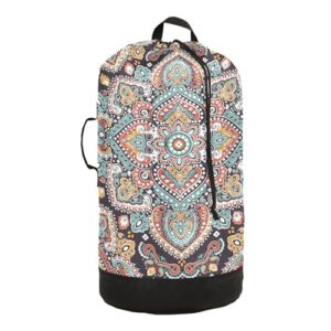 mnsruu washable laundry bag backpack large dirty clothes bag with adjustable shoulder strap handles, indian floral paisley extra laundry heavy duty drawstring bag for travel college grey camping