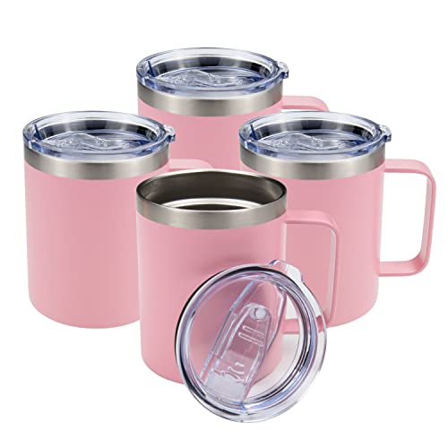 Kmass kmax 4pack 12oz Stainless Steel Insulated Coffee Mug with lid and handle.Double Wall Vacuum Travel coffee Cup (Pink)