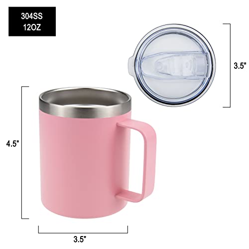 Kmass kmax 4pack 12oz Stainless Steel Insulated Coffee Mug with lid and handle.Double Wall Vacuum Travel coffee Cup (Pink)