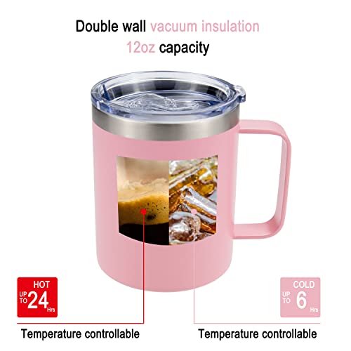 Kmass kmax 4pack 12oz Stainless Steel Insulated Coffee Mug with lid and handle.Double Wall Vacuum Travel coffee Cup (Pink)