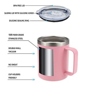 Kmass kmax 4pack 12oz Stainless Steel Insulated Coffee Mug with lid and handle.Double Wall Vacuum Travel coffee Cup (Pink)