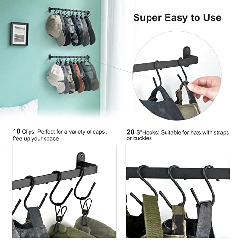 Dahey Hat Rack for Wall Baseball Hat Organizer Hanger Caps Holder with 20 Hooks Modern Metal Wall Mounted Cap Storage Display for Closet Door Bedroom Entryway Laundry,2 Pcs,Black