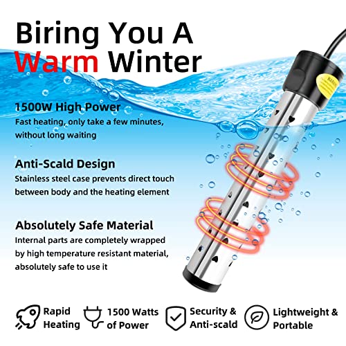 ZEGNEER Immersion Water Heater, 1500W Electric Submersible Water Heater with Stainless Steel Guard Cover, Portable Bucket Heater to Heat 5 Gallons of Water in Minutes,Black