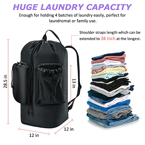 Laundry Backpack Bag Large Heavy Duty Laundry Hamper with Shoulder Straps Dirty Clothes Bag for College, Travel, Laundromat - Black