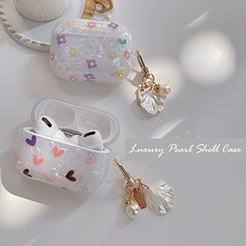 PHOEACC Cute Airpod Gen 3 Case 2021 (NOT Fit Airpod Pro) Flowers with Shell Pearl Keychain Luxury Marble Protective Cover Compatible with AirPods 3rd Generation Case for Girls Women (Floral)