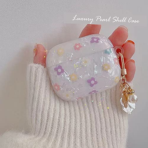 PHOEACC Cute Airpod Gen 3 Case 2021 (NOT Fit Airpod Pro) Flowers with Shell Pearl Keychain Luxury Marble Protective Cover Compatible with AirPods 3rd Generation Case for Girls Women (Floral)