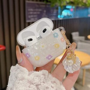 PHOEACC Cute Airpod Gen 3 Case 2021 (NOT Fit Airpod Pro) Flowers with Shell Pearl Keychain Luxury Marble Protective Cover Compatible with AirPods 3rd Generation Case for Girls Women (Floral)