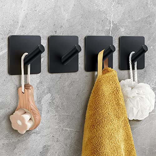 xdgeLoad Bath Towel Hooks 4 Pack, Heavy Duty Wall Hooks for Bathrooms/Coat/Robe/Kitchen, Non-Punching self-Adhesive Hooks, Matte Stainless Steel Black