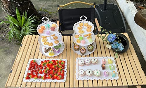 Set of 4 Dessert Stand Set, 3 Tiers White Plastic Cupcake Stand Holder & Rectangle Plastic Party Serving Trays/Platters for Wedding Birthday Baby Shower Tea Party Buffet