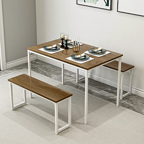 Bonzy Home Dining Table Set for 4, 43" Kitchen Table Set with 2 Benches Space Saving Dining Room Table Set for Apartment Small Space