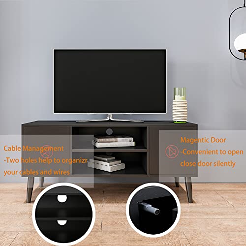 Yusong Retro TV Stand for 55 Inch TV, Entertainment Centers for Living Room Bedroom, Wood TV Bench Table TV Console TV Cabinet with 2 Storage Cabinets and Open Shelves, Black