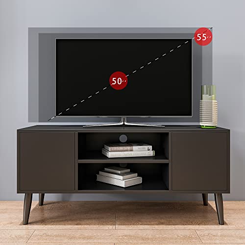 Yusong Retro TV Stand for 55 Inch TV, Entertainment Centers for Living Room Bedroom, Wood TV Bench Table TV Console TV Cabinet with 2 Storage Cabinets and Open Shelves, Black