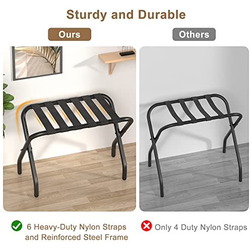 Mr IRONSTONE Luggage Rack Pack of 2, Folding Metal Suitcase Stand with Nylon Straps and Steel Frame, for Guest Room, Hotel, Bedroom, Steel Frame, Holds up to 130 lb, Black