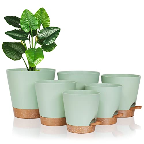 Warmplus Plastic Planters for Indoor Outdoor Plants and Flowers, 8/7/6.5/6/5.5/5 Inch Plant Pots with Drainage Holes,Watering Wick / Lip, Green