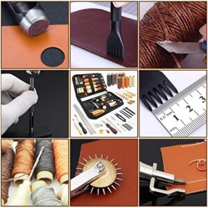 PLANTIONAL Leather Working Tools for Beginners: Professional Leather Craft Kit with Waxed Thread Groover Awl Stitching Punch for Leathercraft Adults Gifts